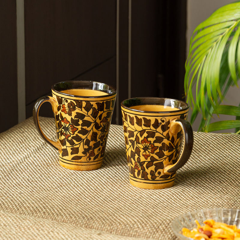 ExclusiveLane Mughal Floral' Hand-painted Ceramic Tea & Coffee Mugs (Set of 2, 240 ML): Buy ...