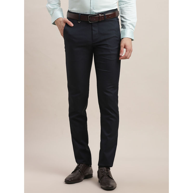 Buy Turtle Men Poly Viscose Solid Super Slim Fit Navy Blue Formal ...