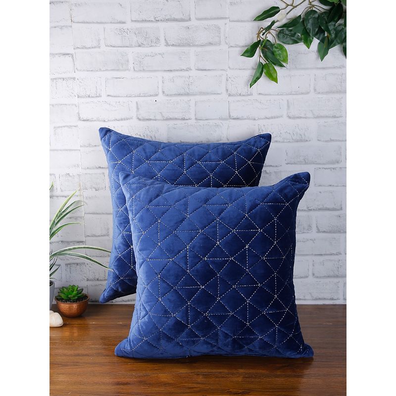 Buy eyda Super Soft Velvet Blue Color Set Of 2 Quilted Cushion Cover ...