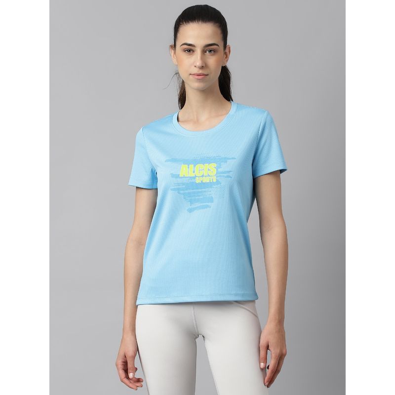 Buy Alcis Women Printed Blue Anti Static Slim Fit Round Neck Training T ...