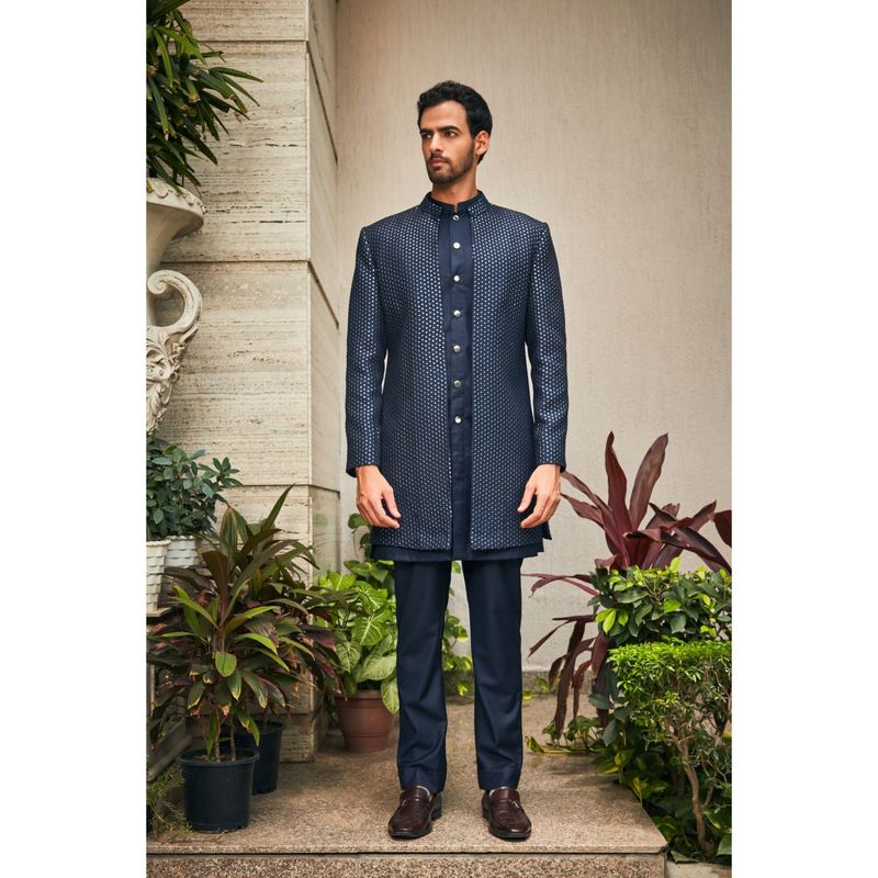 Buy Bohame Aagney Navy Blue Chikankari Open Jacket and Kurta with Pant ...