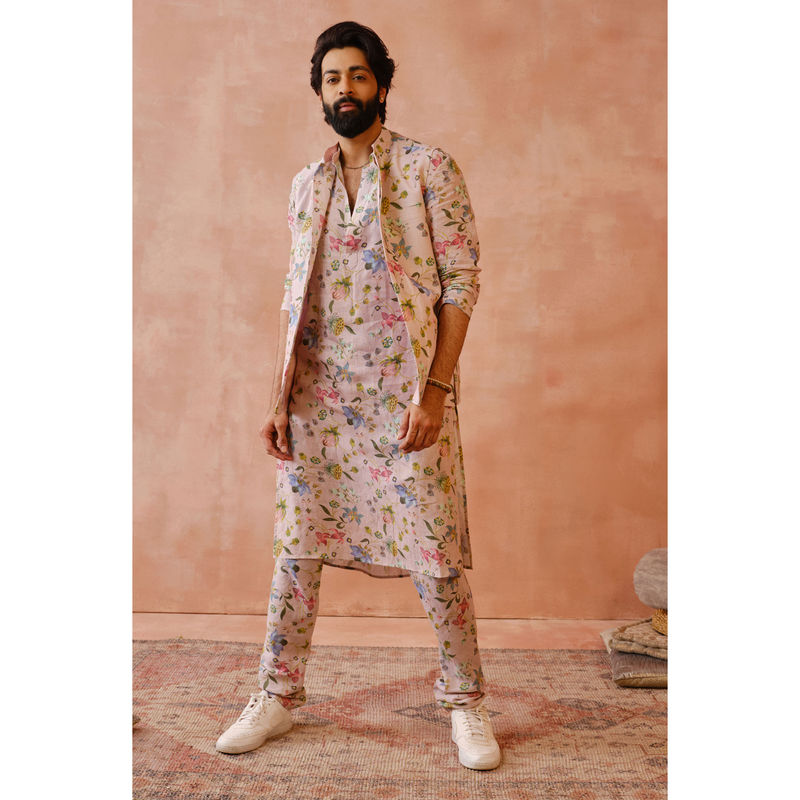 Buy PS Men by Payal Singhal Rose Pink Nargis Print Bandi with Kurta ...