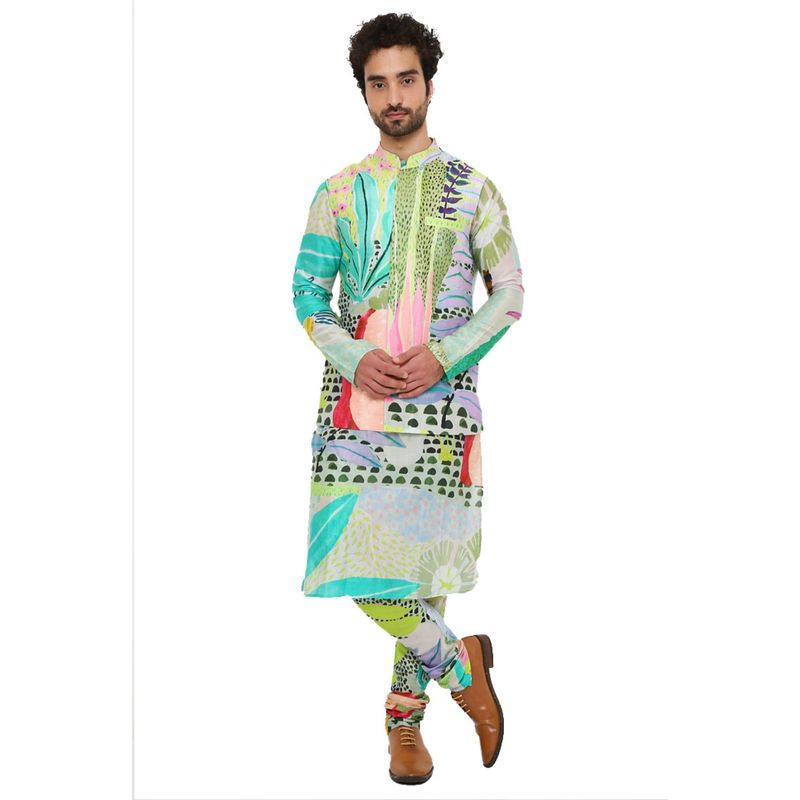 Buy PS Men by Payal Singhal Print Dupion Silk Bandi with Silkmul Kurta ...
