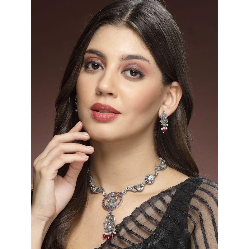 Buy ADIVA Silver-Plated Red Stone and Pearls Peacock Shape Oxidised ...