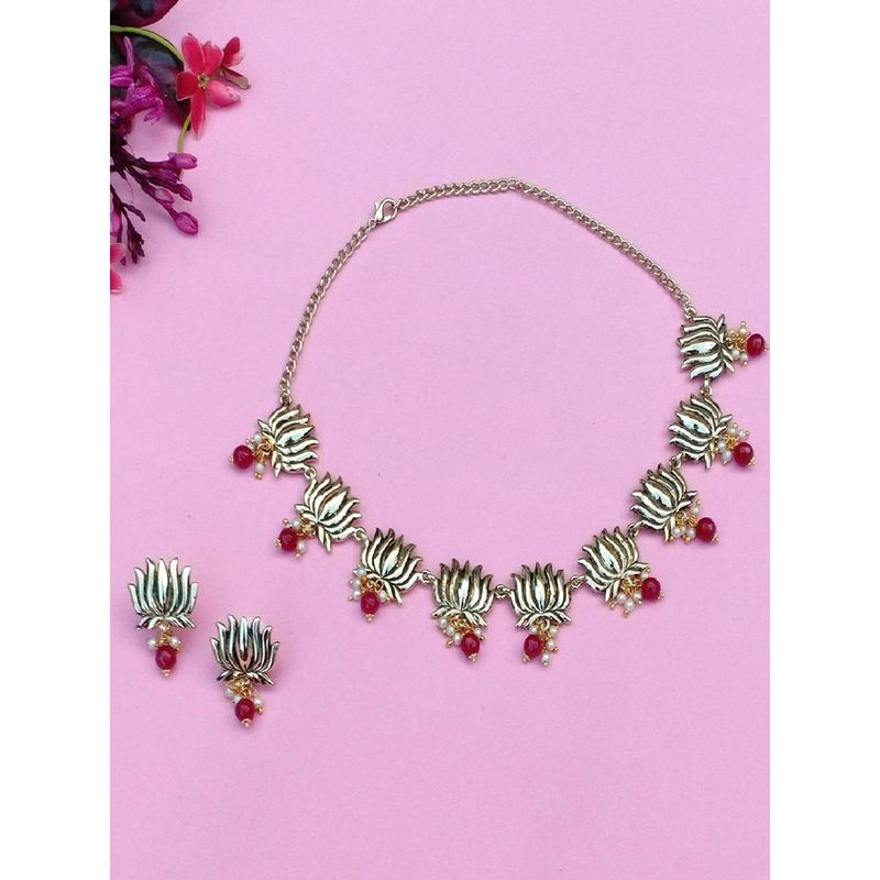 Buy Estele Gold Plated Antique Lotus Flower Choker Necklace Set with ...