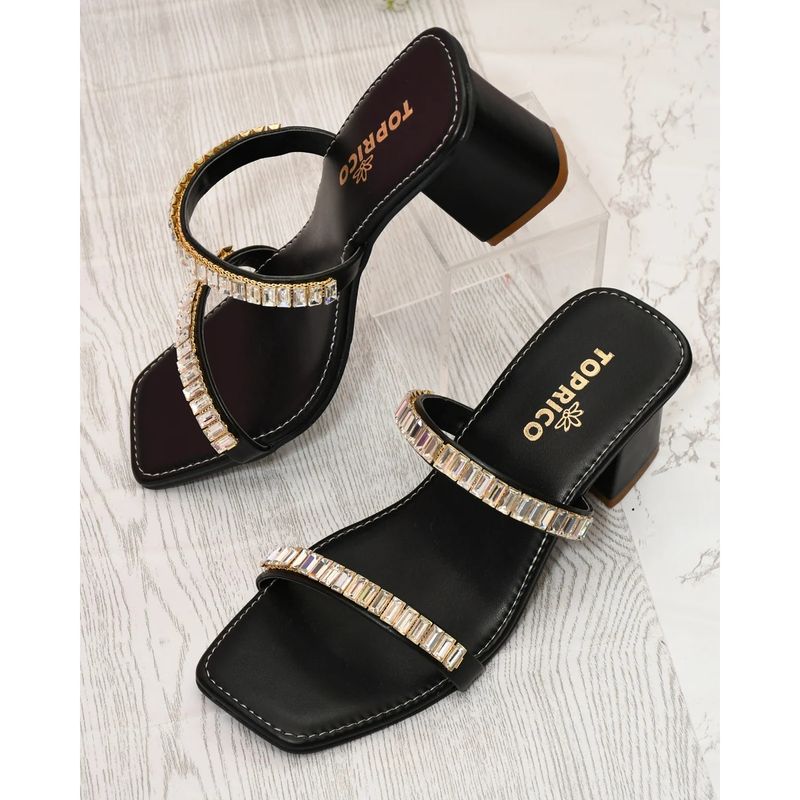 Buy Toprico Two Strap Beads Embellished Black Heel Sandals Online