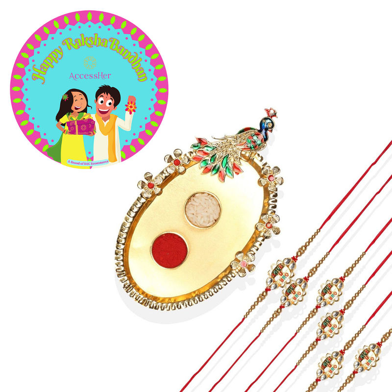 Buy Accessher Golden Pooja Thali Rakhi Set Pack of 6 with Roli, Rice ...