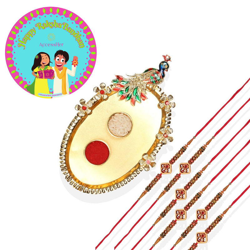 Buy Accessher Elegant Rakhi Pack of 6 with Golden Pooja Thali, Rice ...