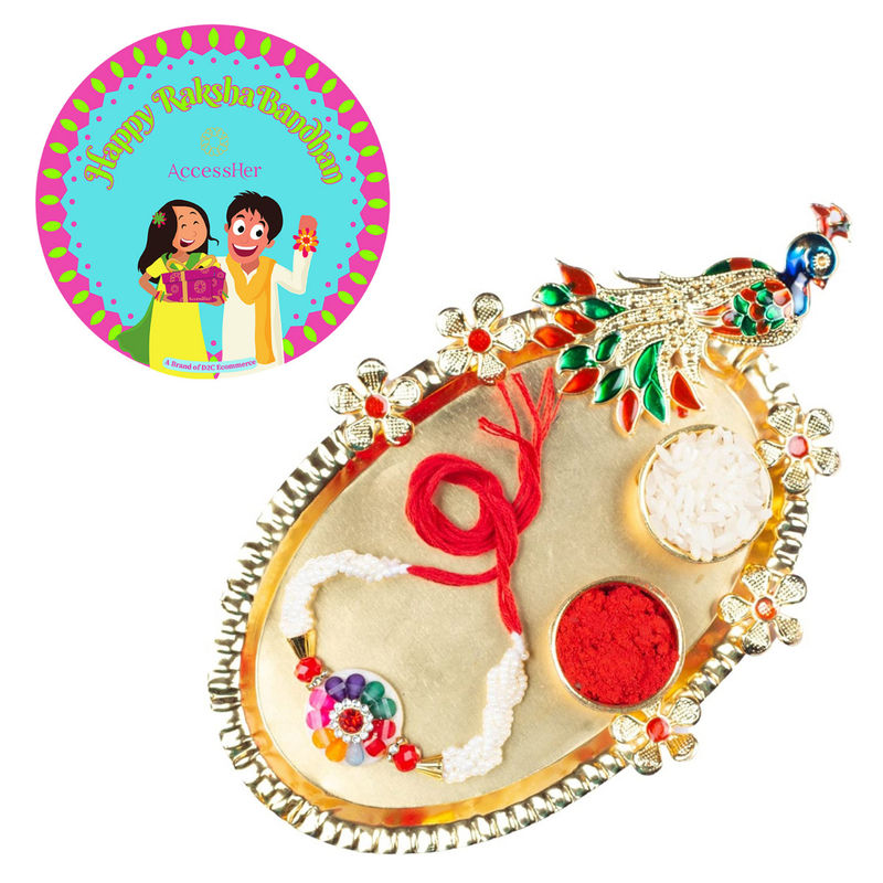 Buy Accessher Gift Set of 5 with Pearls Rakhi, Peacock Thali, Rice ...