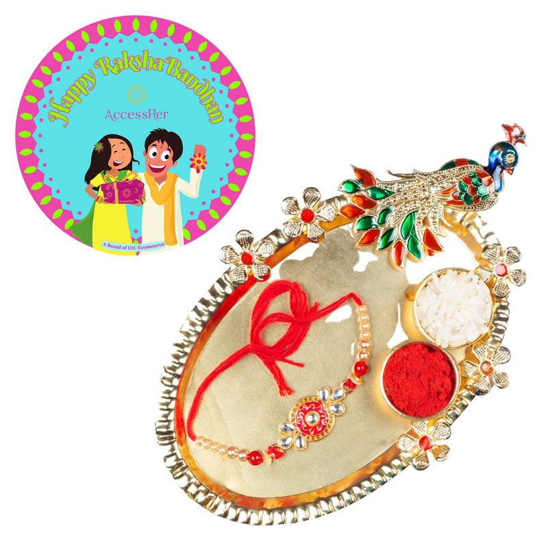 Buy Accessher Gift Set of 5 with Enamel Rakhi, Peacock Thali, Rice ...