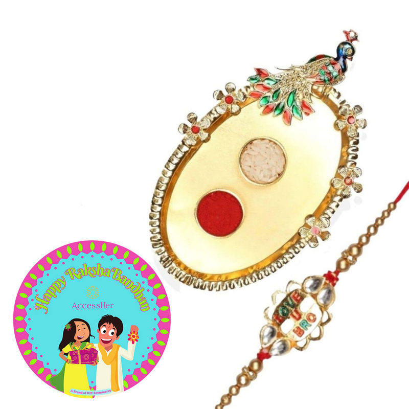 Buy Accessher Gift Set of 5 with Quirky Rakhi, Peacock Thali, Rice ...
