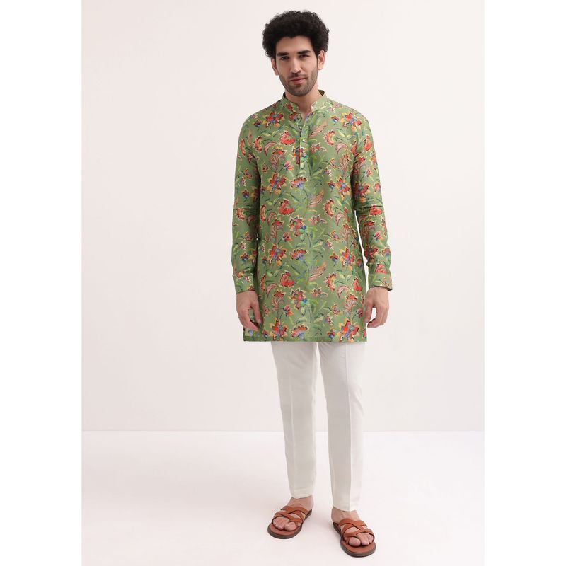 Buy KALKI FASHION Green Floral Printed Silk Short Kurta with Pant for ...