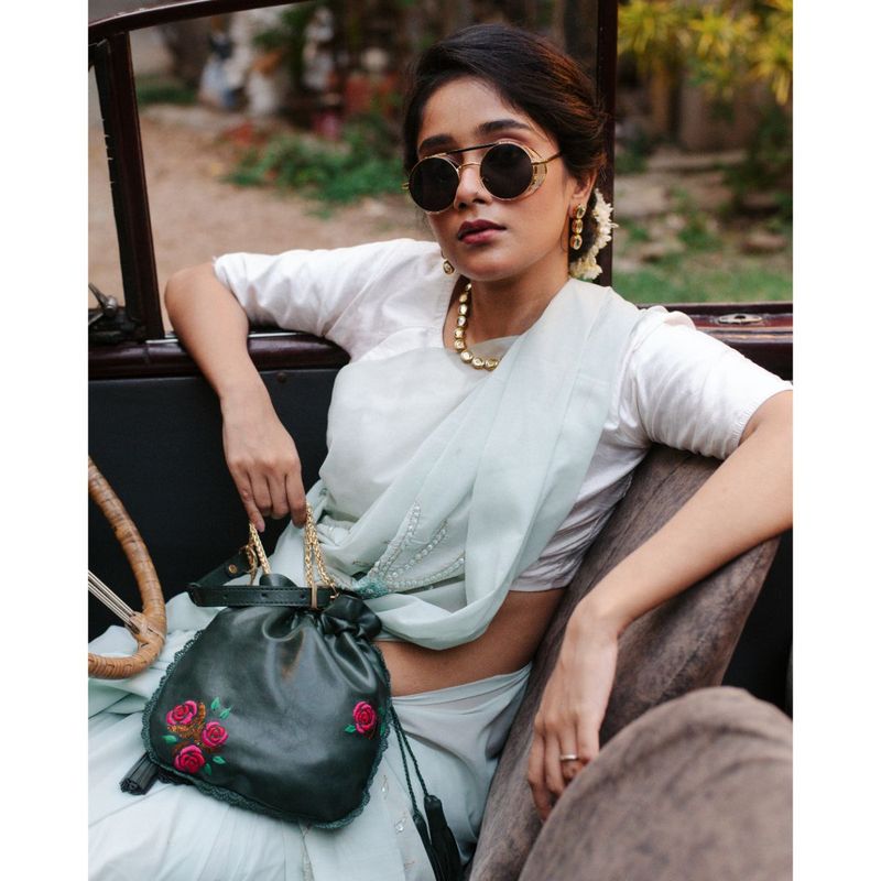 Buy Miri Green Hand Embroidered Roses Potli Bag Online