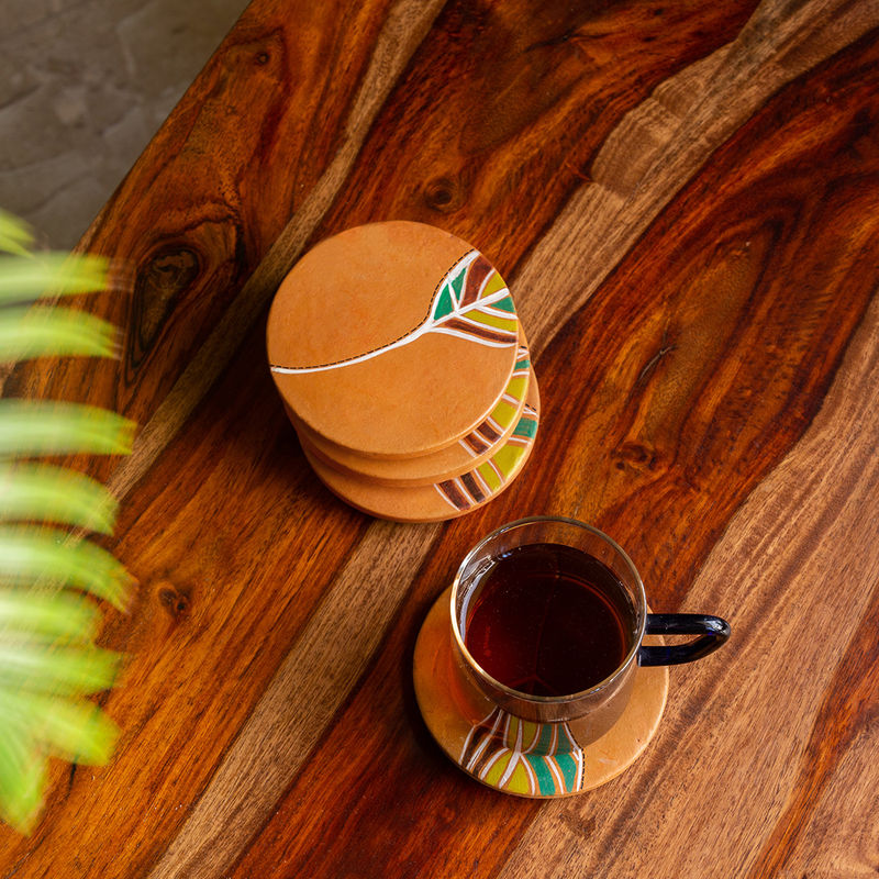 ExclusiveLane Shades of a Leaf' Hand-Painted Terracotta Coasters (Set ...