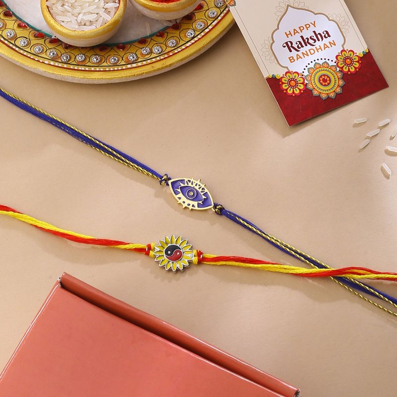 Buy VIRAASI Set of 2 Evil Eye & Sunflower Motif Rakhi for Brother with ...