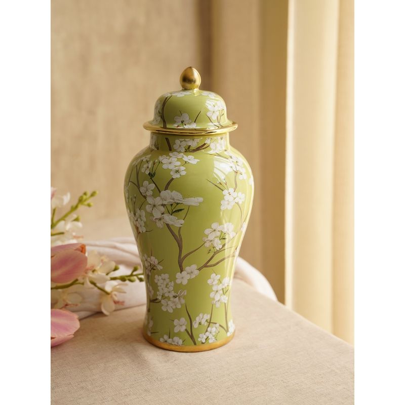 Buy Pure Home + Living Green and White Floral Print Ceramic Urn with ...