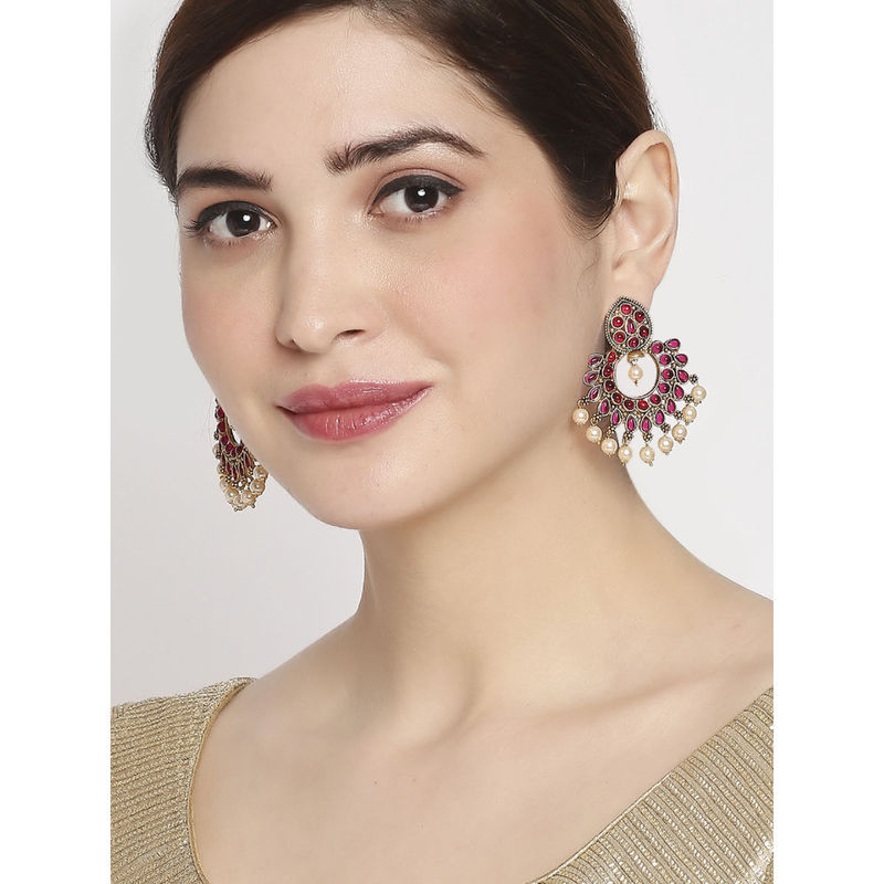 Buy OOMPH Red Kemp Stone & Pearls Large Chandbali Earrings Online