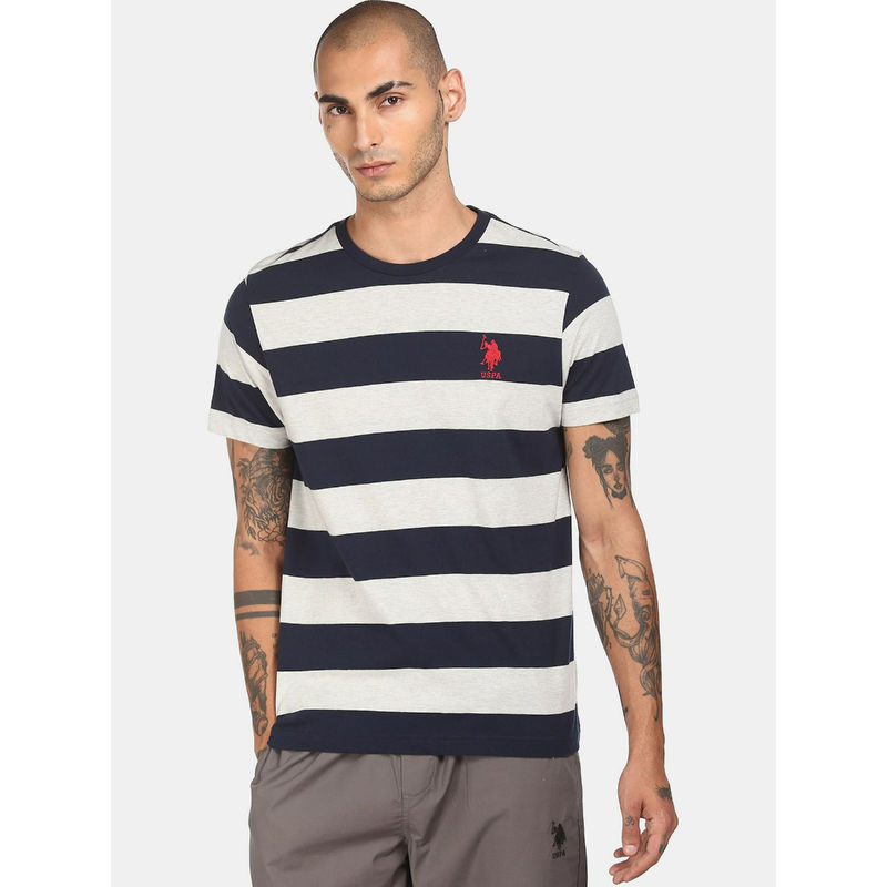 Buy U.S. POLO ASSN. Men Grey I688 Comfort Fit Stripe Cotton T-shirt Online