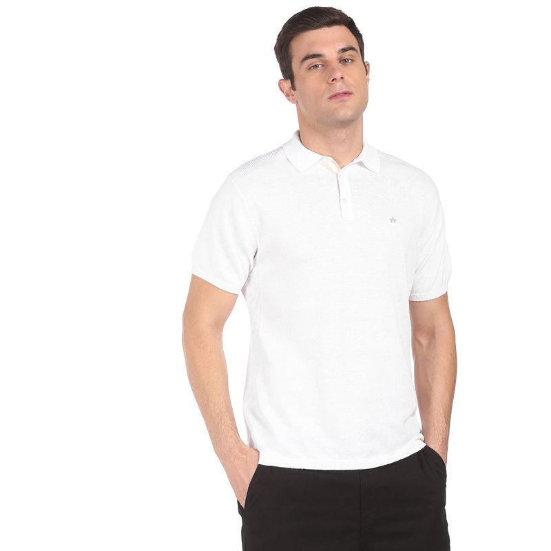 Buy Arrow Men White Ribbed Collar Premium Solid Polo Shirt Online