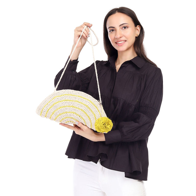 Buy ITIHASIKALA Women Crochet Half Circle Sling Bag - Off White Online