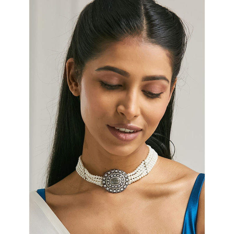 Buy Yinara Grey Brass 22K Gold Plated Stones Choker Online