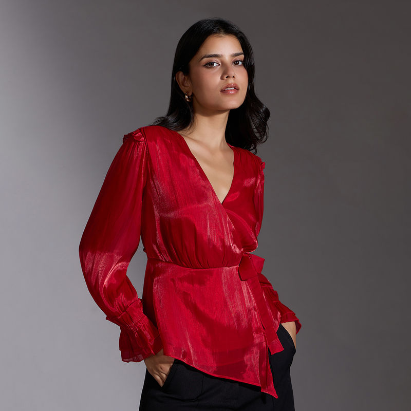 Buy Twenty Dresses by Nykaa Fashion Tomato Red Solid V Neck Wrap Top Online