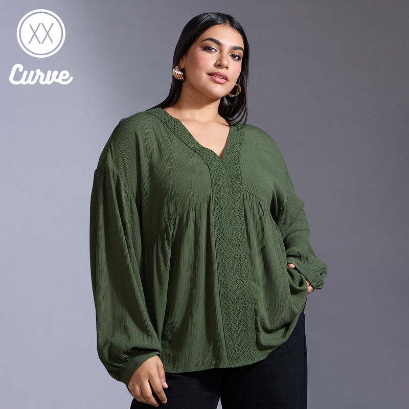 Buy Twenty Dresses by Nykaa Fashion Curve Bottle Green Solid V Neck Bishop Sleeves Top Online