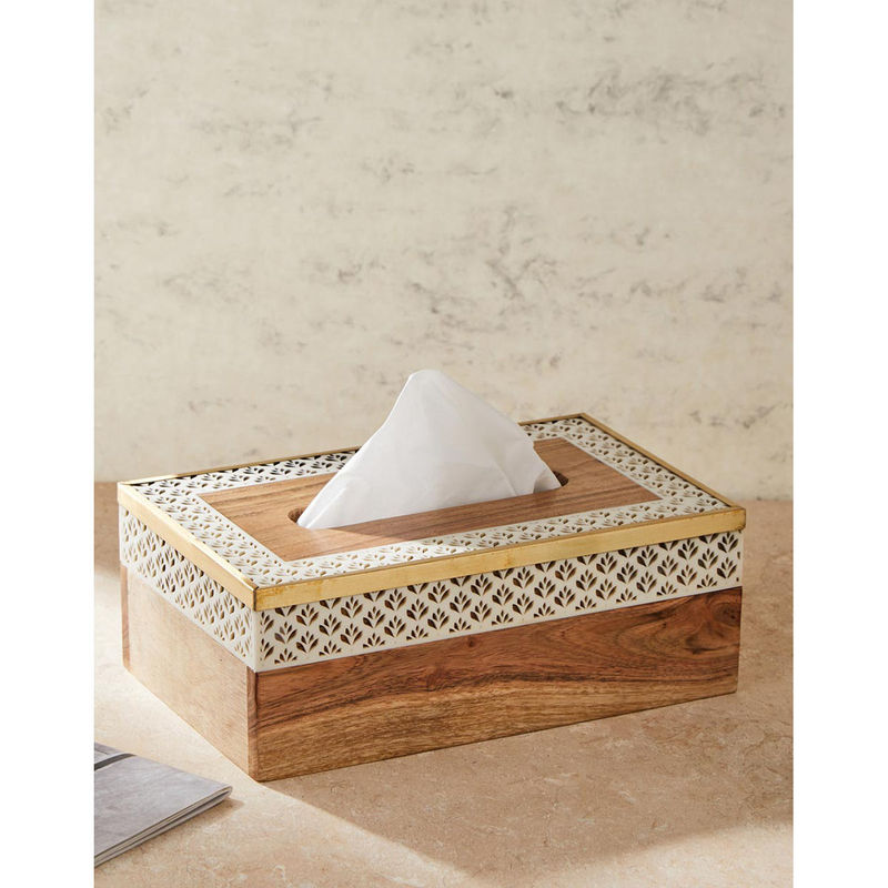 Buy Fabindia White Shalimar Wooden Cutwork Tissue Box Online