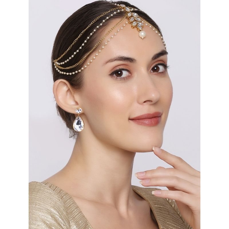 Buy OOMPH Gold Tone Kundan Sheeshphool Set Matha Patti With Drop Earrings Online