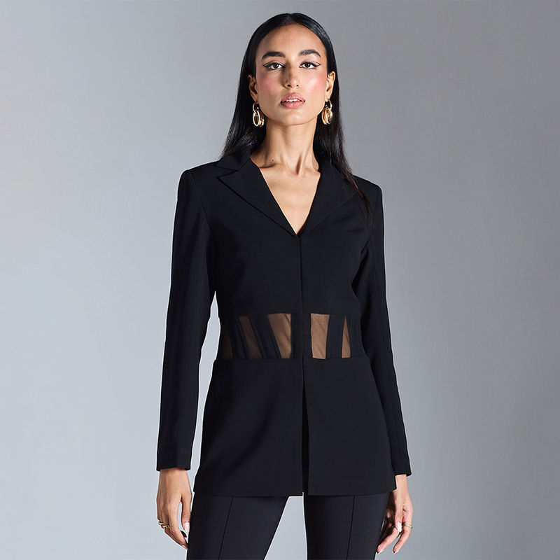 Buy RSVP by Nykaa Fashion Black Solid Collared Mesh Detail Blazer Top ...