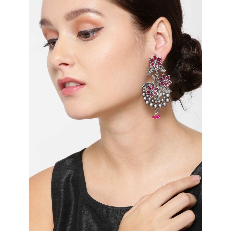 Buy Priyaasi Antique Oxidised Silver Magenta Floral & Leaf Pattern Drop ...