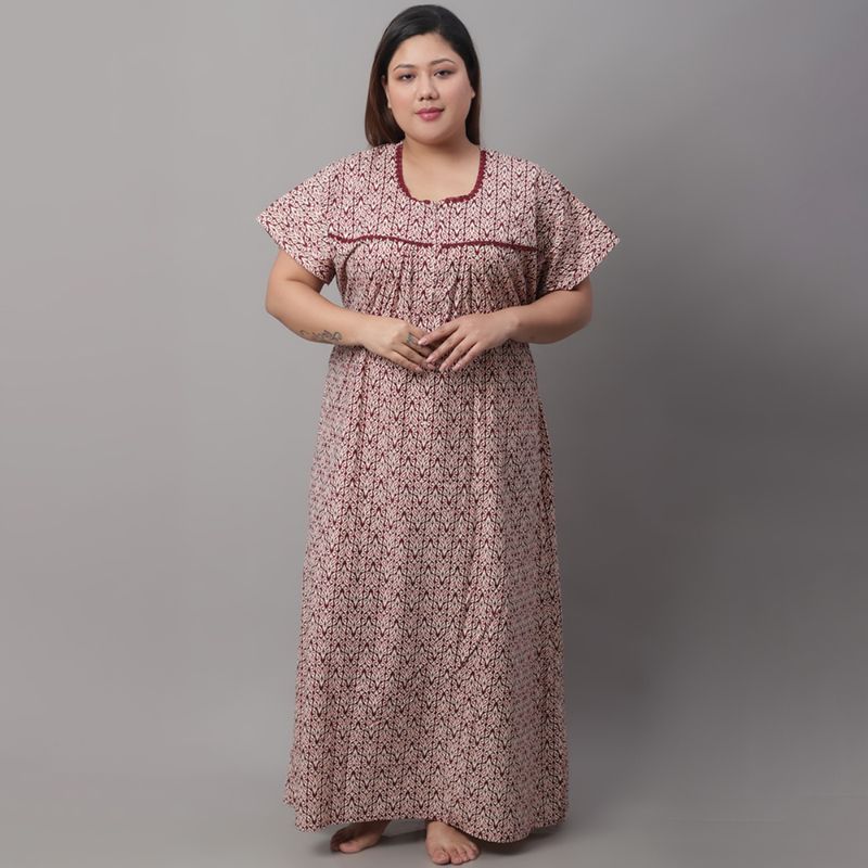 Buy Secret Wish Women's Maroon and White Batik Print Plus Size Nighty ...