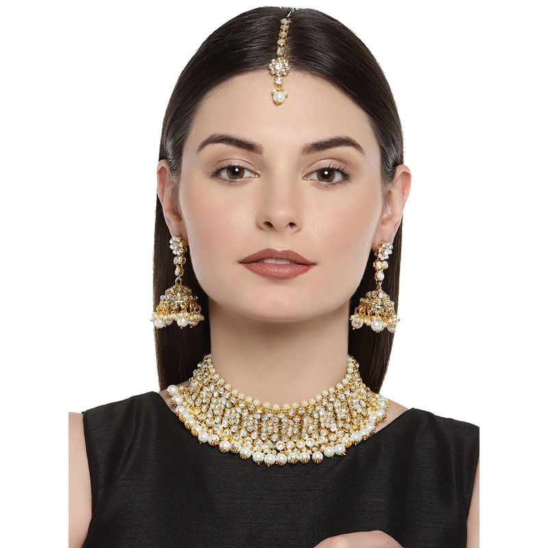 Buy Zaveri Pearls Gold Tone Kundan And Pearls Floral Choker Necklace