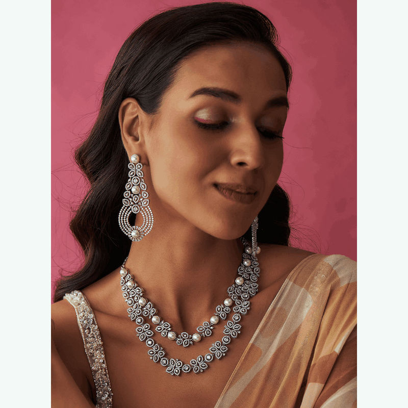 Buy PRIHAN LUXURY White Symphony Of Pearls Diamonds Jewellery Set Online