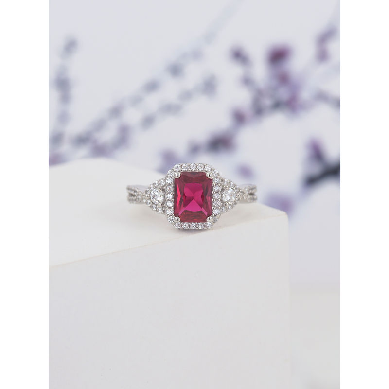 925 Sterling Silver Red Ruby and American Diamond Ring for Women Girls ...