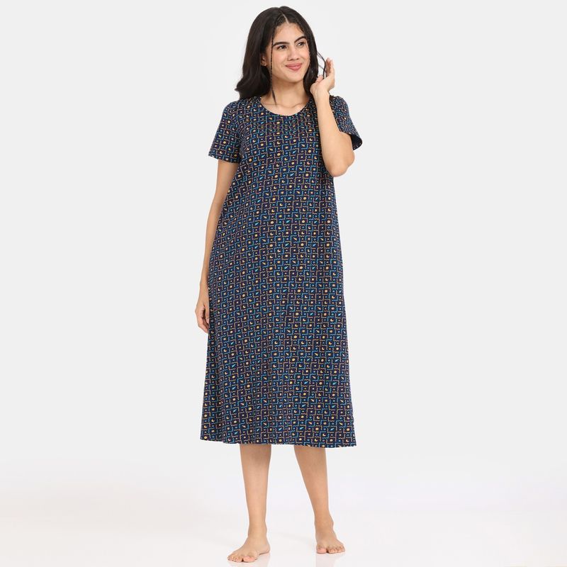 Buy Zivame Serenity Knit Cotton Mid Length Nightdress - Pageant Blue Online