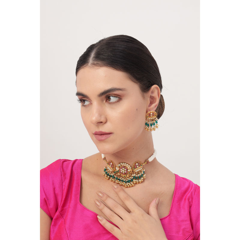 Buy Beryachi Gold Finish Multi-Colored Pachi Kundan Polki Choker Necklace & Earrings Set Online