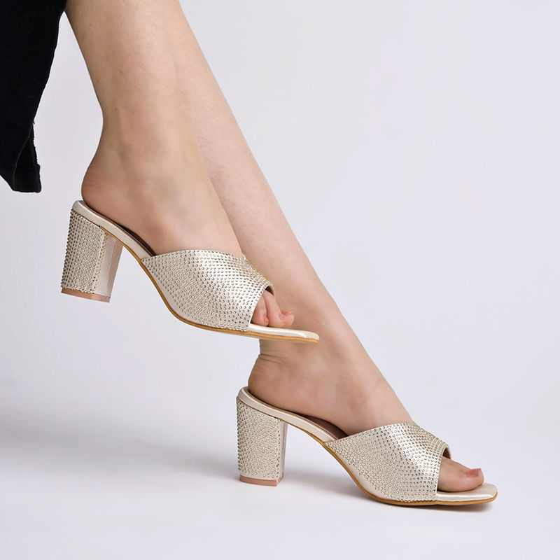 Buy Shoetopia Womens Embellished Golden Block Heels Online