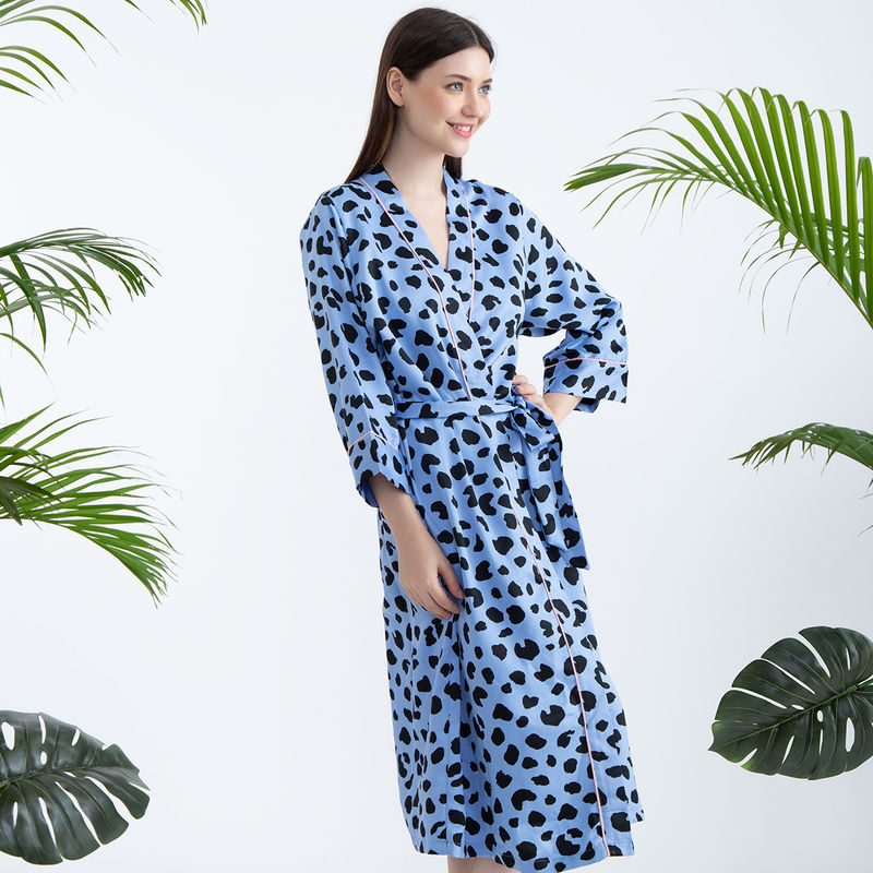 Clovia Satin Printed Sleep Robe-Blue (XL): Buy Clovia Satin Printed ...