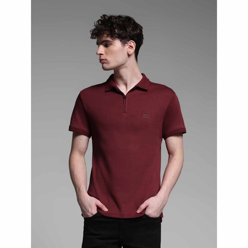 Buy Jack & Jones Maroon Slim Fit Solid Polo T-Shirt Online
