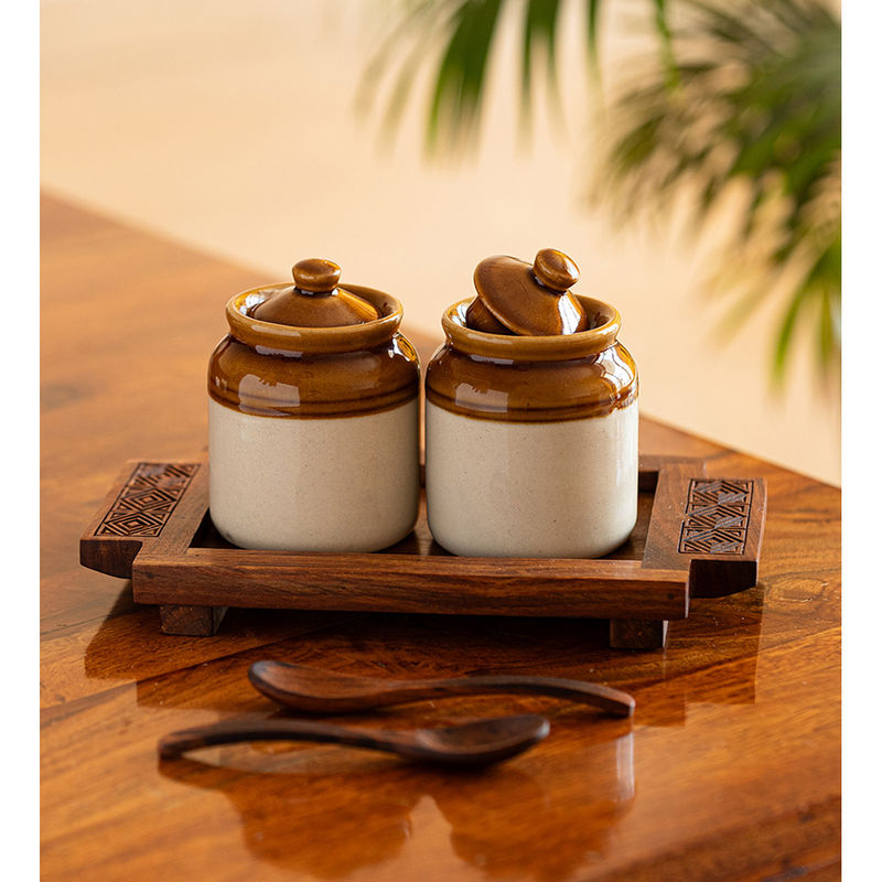 Buy ExclusiveLane Dimond Ceramic Chutney & Pickle Jar Set with Sheesham ...