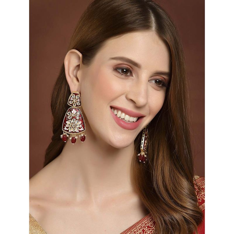 Buy PANASH Red Gold-Plated Kundan Enamelled Drop Earrings Online Buy PANASH Red Gold-Plated Kundan Enamelled Drop Earrings Online