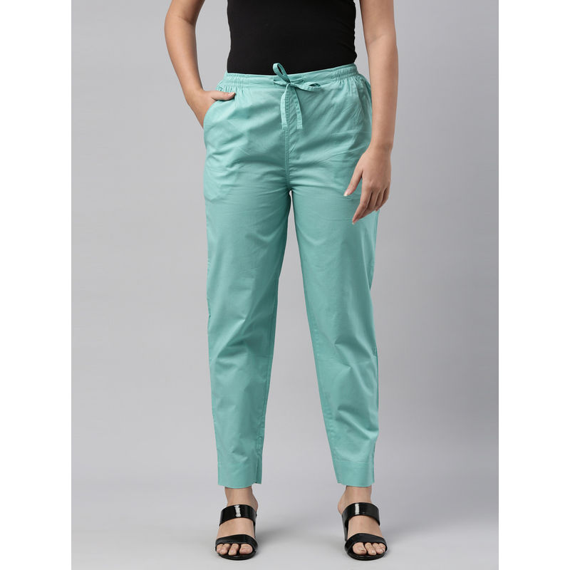 Buy Go Colors Women MInt Solid Mid Rise Cotton Pants - Green Online