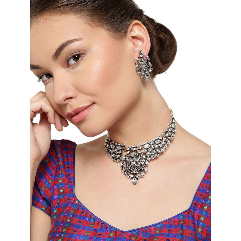 Zaveri Pearls Antique Silver Tone Goddess Temple Necklace And Earring Set