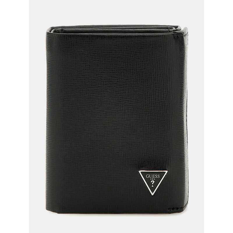 Buy Guess Men Black Solid Leather Tri-Fold Wallet Online
