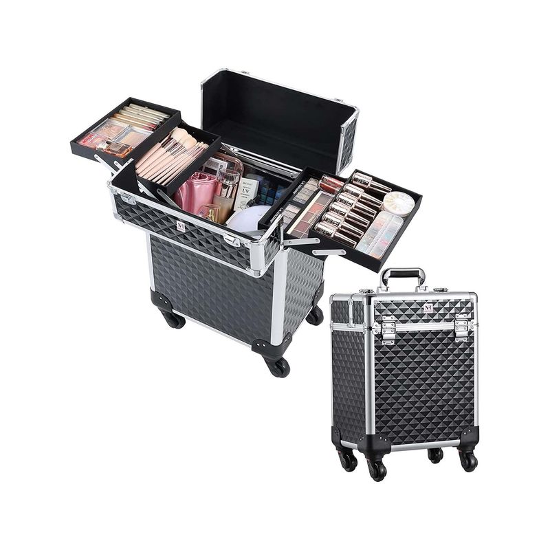 Buy NFI Essentials Aluminium Makeup Box with Keys Swivel Wheels Makeup ...
