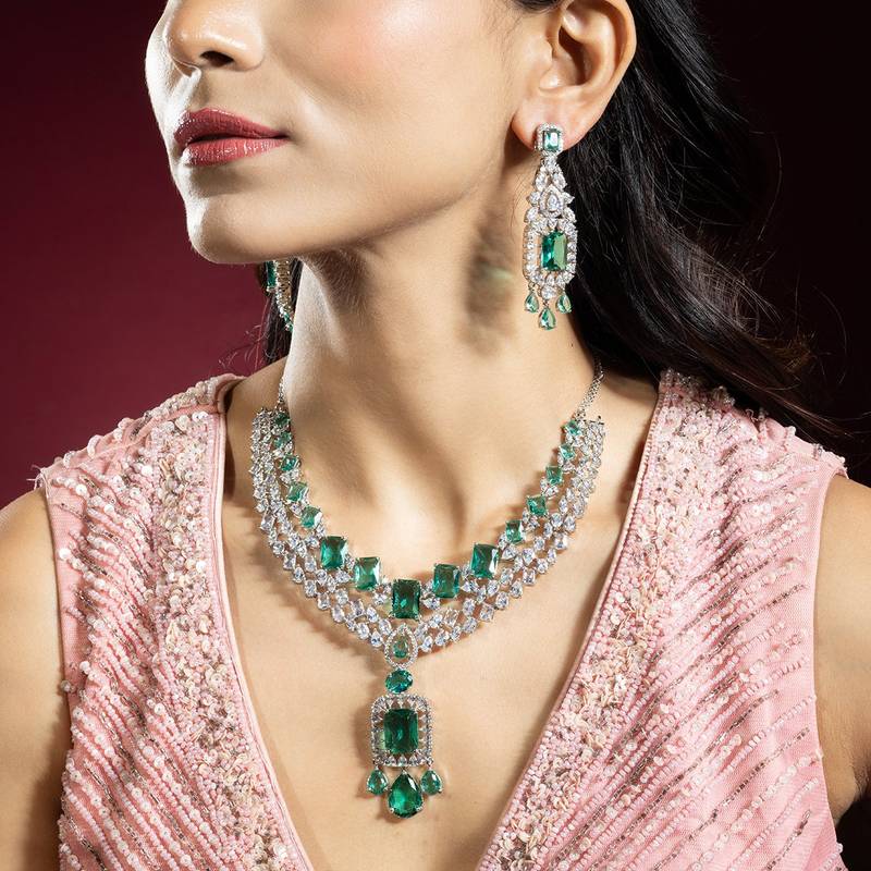 Buy Niscka Silver Rhodium Plated White and Green American Diamond ...