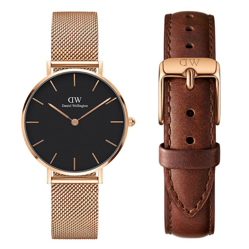 Daniel Wellington Petite Melrose 32mm Black & 14mm St Mawes Strap Watch ...