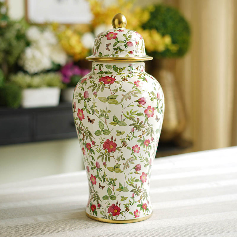 Buy Pure Home + Living Floral Print Ribbed Ceramic Urn with Lid Multi ...
