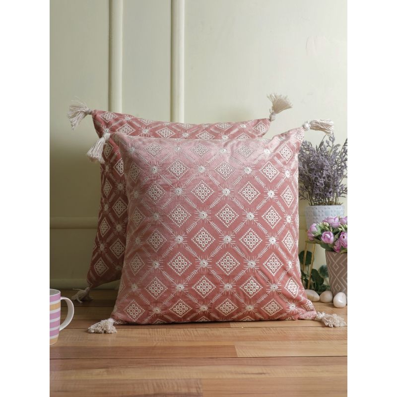 Buy eyda Super Soft Pink Color Set Of 2 Embroidered Cushion Cover-18X18 ...